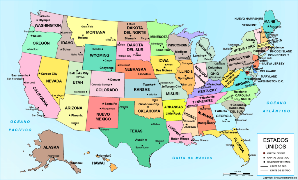 Mapa de Estados Unidos - Estados y Capitales (Político y Físico) Mapa de Estados Unidos - Estados y Capitales (Político y Físico)