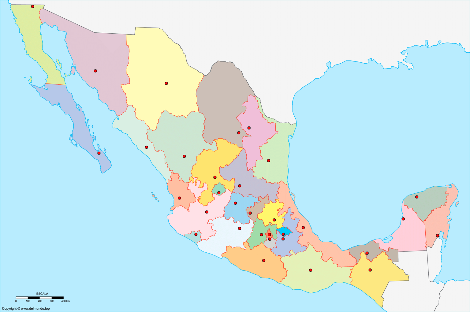Mapa de México: Estados, Capitales y Ciudades (División política)