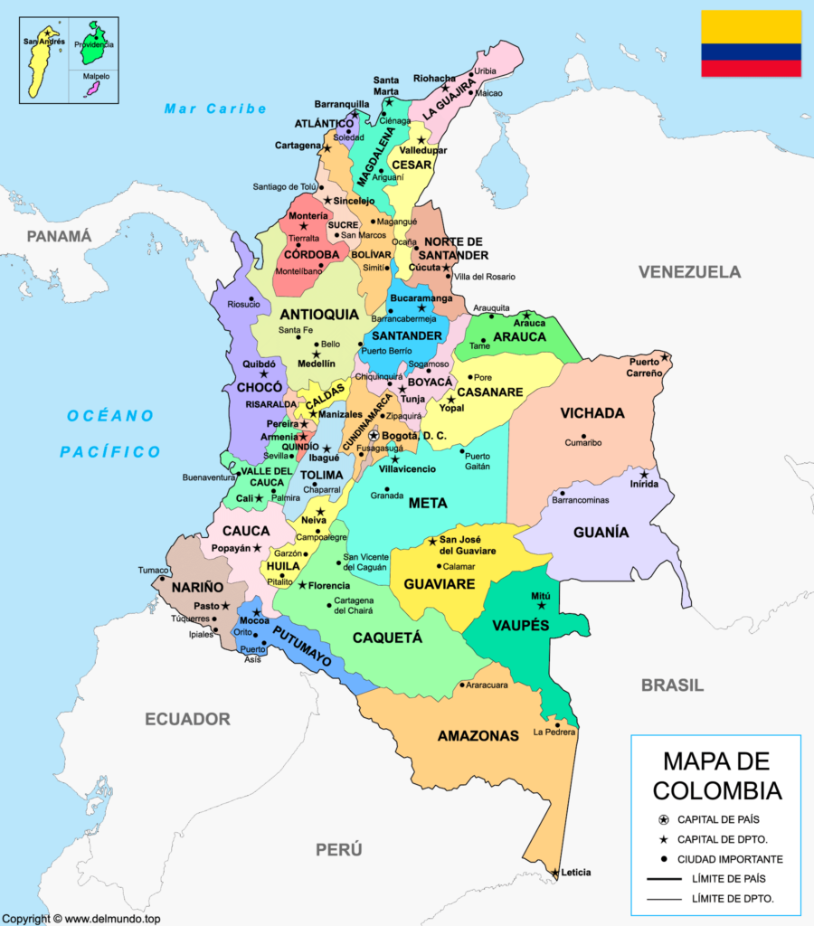 Mapa de Colombia: Político y Físico (Departamentos y Regiones)