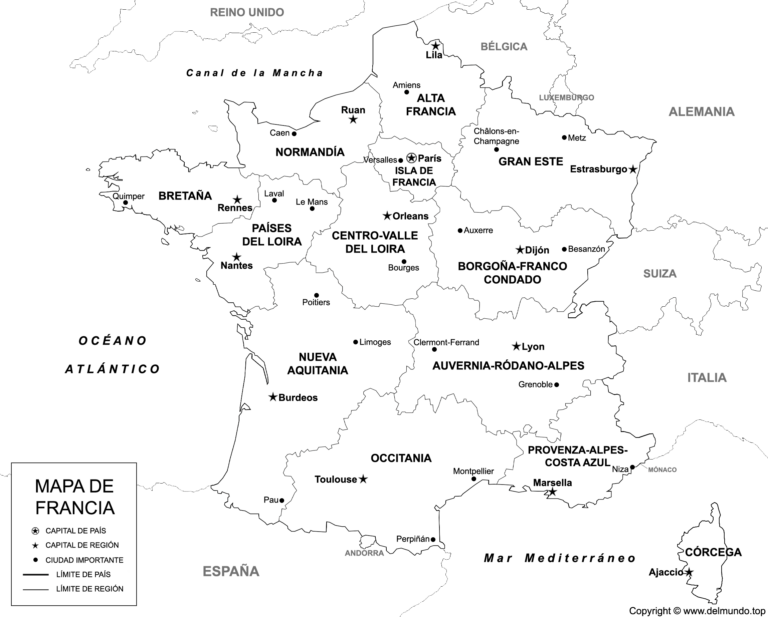 Mapa de Francia: Ciudades y Regiones (Político y Físico)