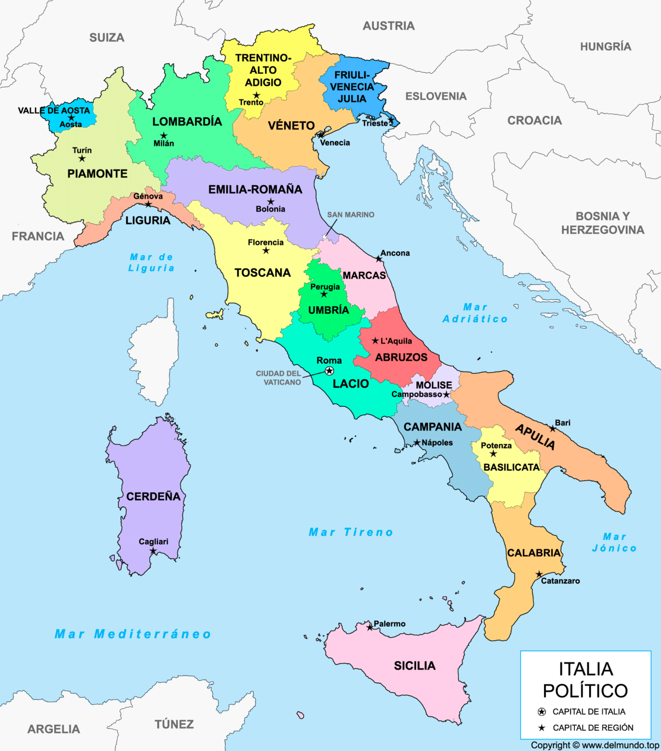 Mapa de Italia: Ciudades y Regiones (Político y Físico)